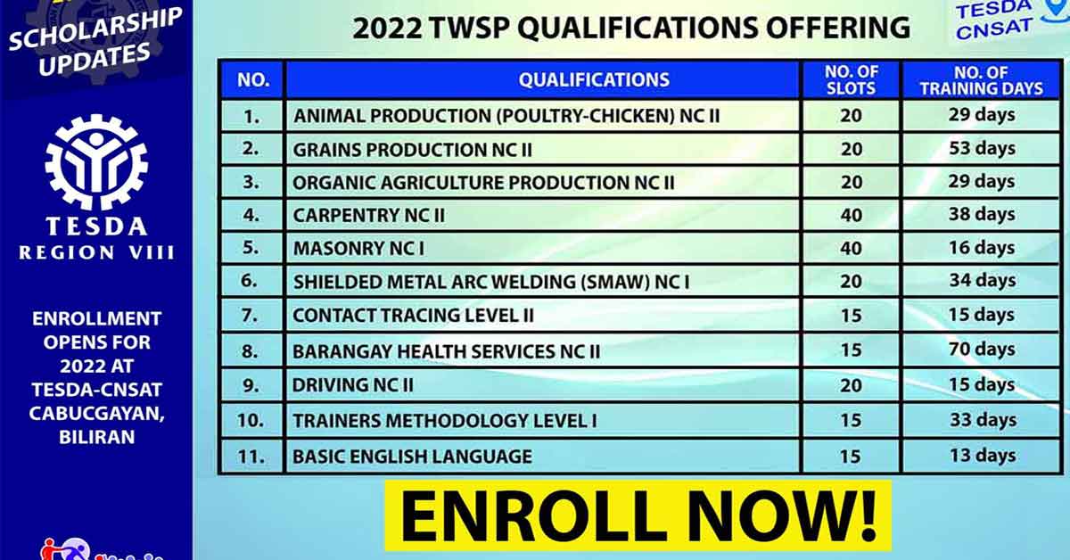 2022 TWSP Scholarship 11 TESDA Courses No Tuition Fee FreeTESDA